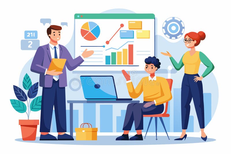 A Manager Explains Performance Statistics Using Charts while Employees ...