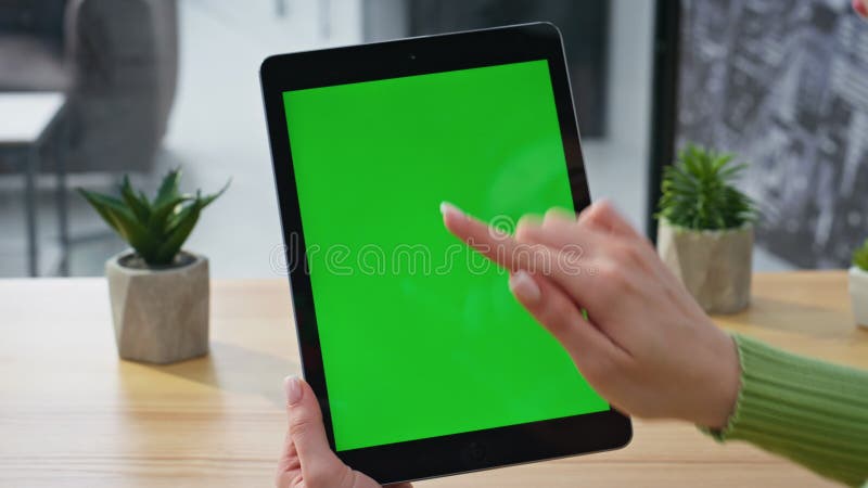 Manager Finger Using Green Screen Tablet Internet Surfing on Workplace ...