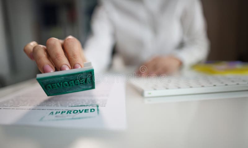 Manager Hand Putting Stamp Approved on Document in Office Closeup Stock ...