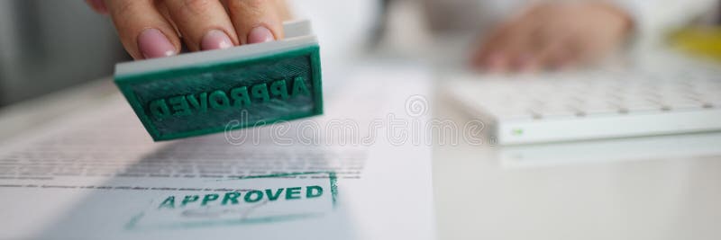 Manager Hand Putting Stamp Approved on Document in Office Closeup Stock ...