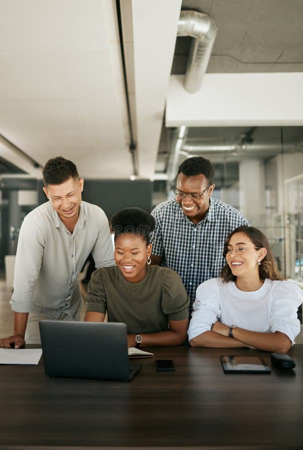 Manager, Happy Team and Business People on Laptop for Planning ...