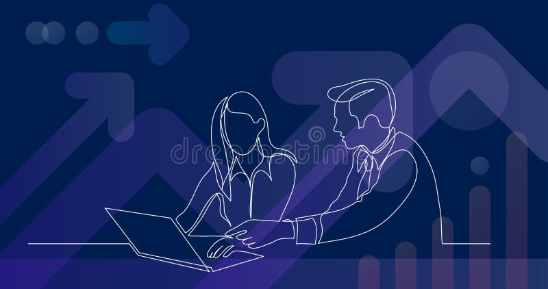 Manager Helping Employee Pointing at Laptop Computer - One Line Drawing ...