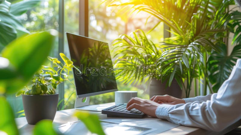 Manager Looking Plan by Using Laptop Rounded with Green Environmental ...