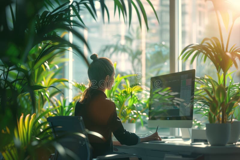 Manager Looking Plan by Using Laptop Rounded with Green Environmental ...