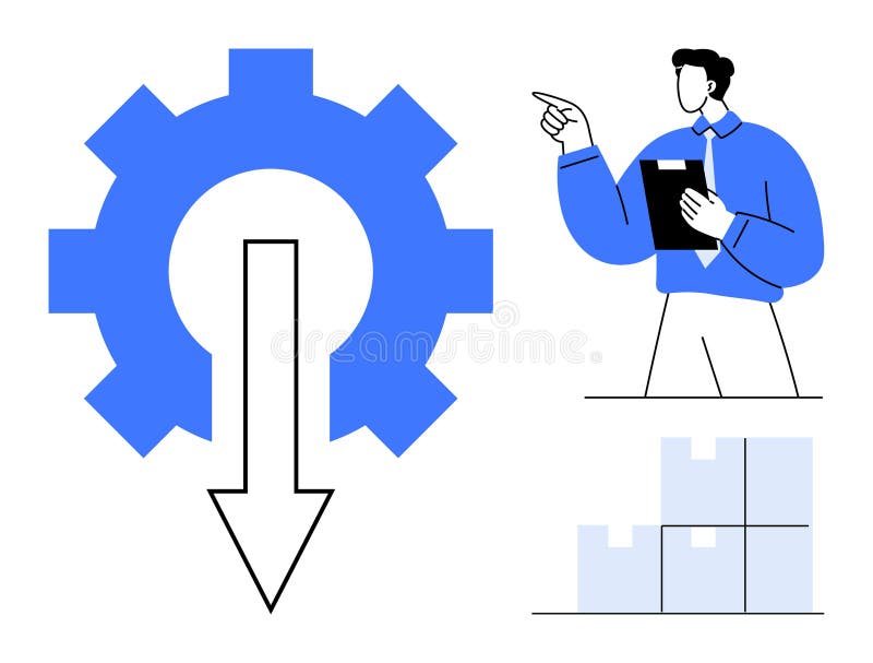 Manager Planning Logistics with Gear and Downward Arrow Representing Process Optimization Stock ...