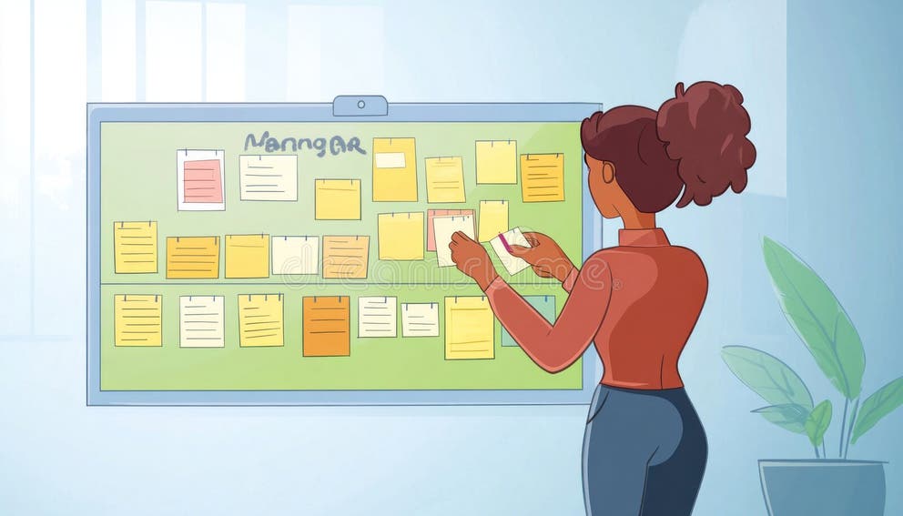Manager Planning and Organizing Tasks Using Sticky Notes on Kanban ...