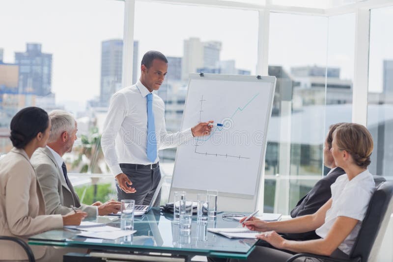 Manager Pointing at the Peak of a Chart during a Meeting Stock Image ...