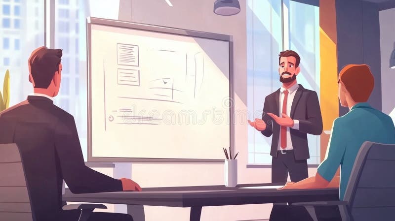 Manager Presenting a Detailed Project Plan on a Whiteboard while ...