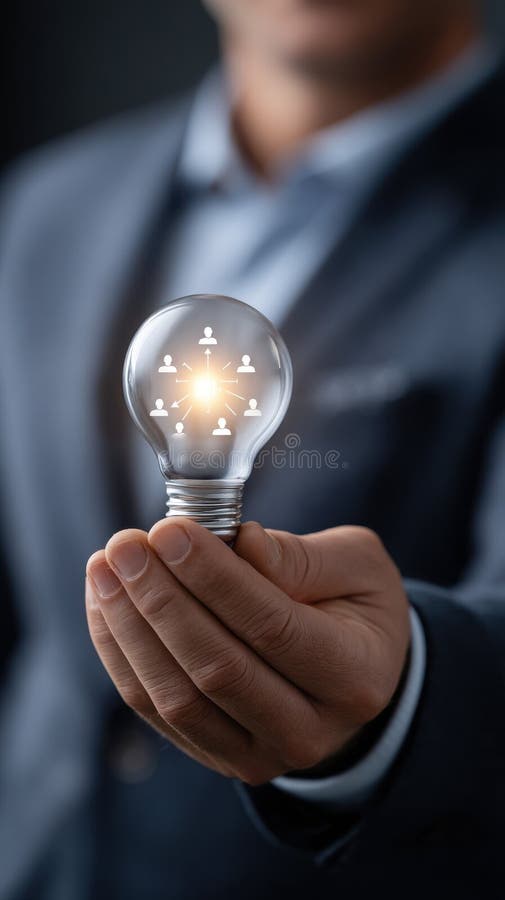 Manager Presenting a Light Bulb with Human Icons Inside, Representing a ...