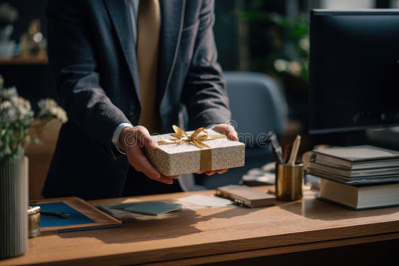 Manager Presenting a Token Gift Box with a Bow at an Office Desk ...