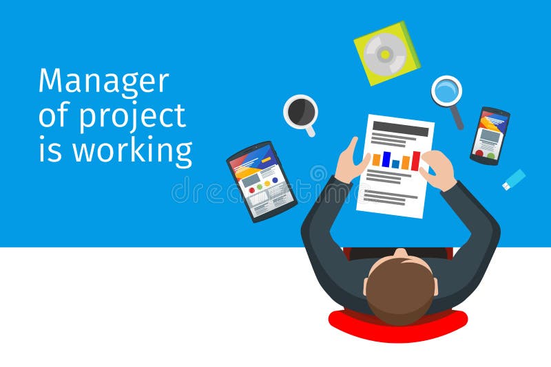 Manager of Project is Working. Flat Man Top View Stock Vector ...