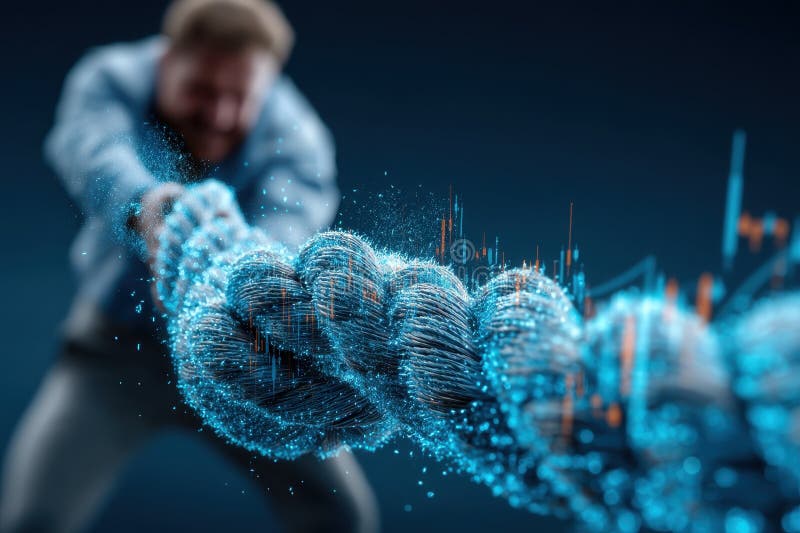 Manager Pulling Heavy Ropes Connected To Digital Charts in a Creative ...