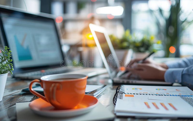 A Manager Reviewing Ecommerce Analytics on a Desktop with a Cup of Tea ...