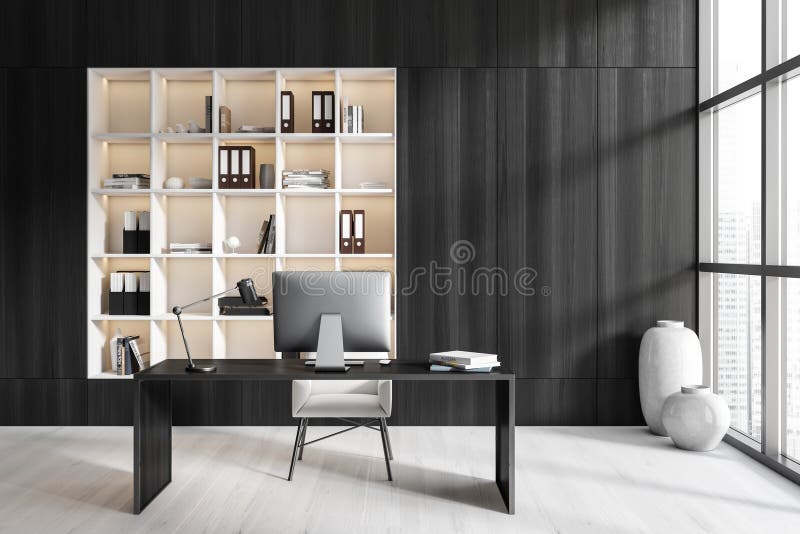 Manager Room Interior, Table with Computer and Shelf, Window. Empty ...