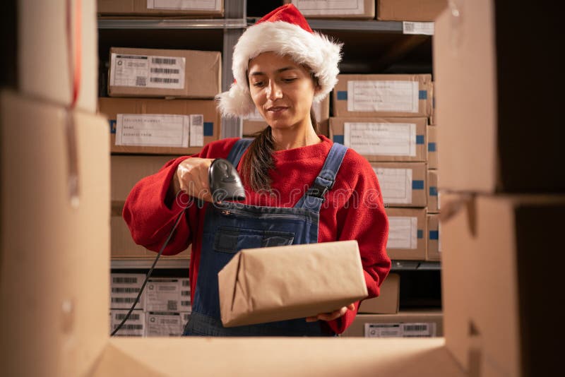 Manager Scanning Barcode on Delivery Parcel. Female Worker Scan Barcode ...