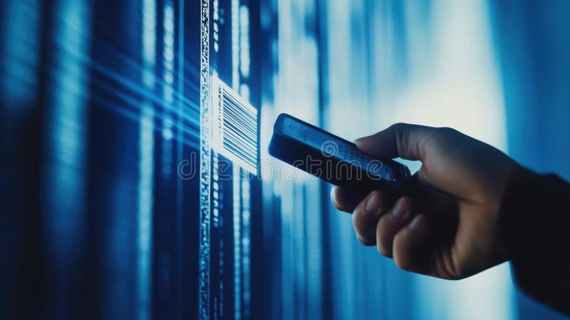 Manager Scanning Barcode on Futuristic Digital Screen with Mobile ...