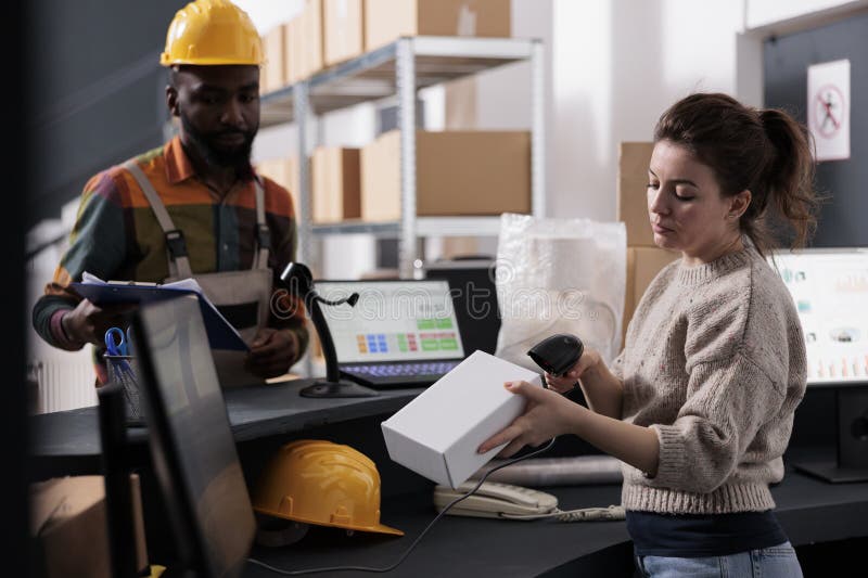 Manager Scanning White Carton Box Using Store Scanner Stock Image ...