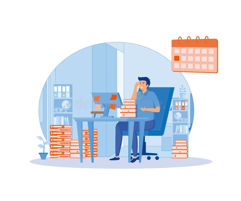 Manager Sitting at Computer Desk with Stack of Documents in Mess and ...