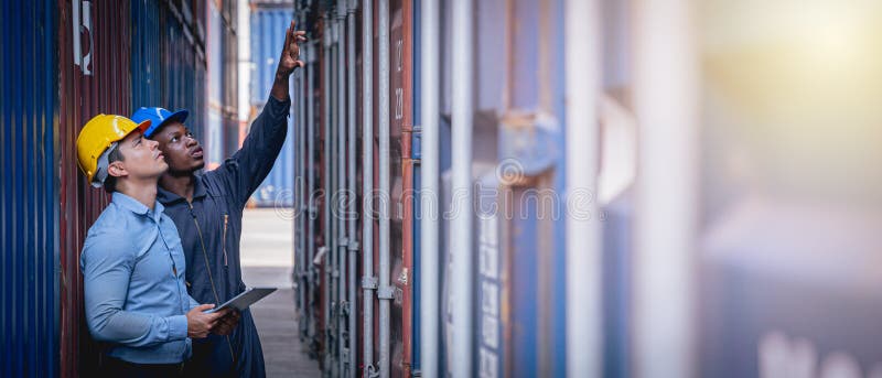 Manager and Staff Worker Inspecting Shipping Containers. Stock Photo ...