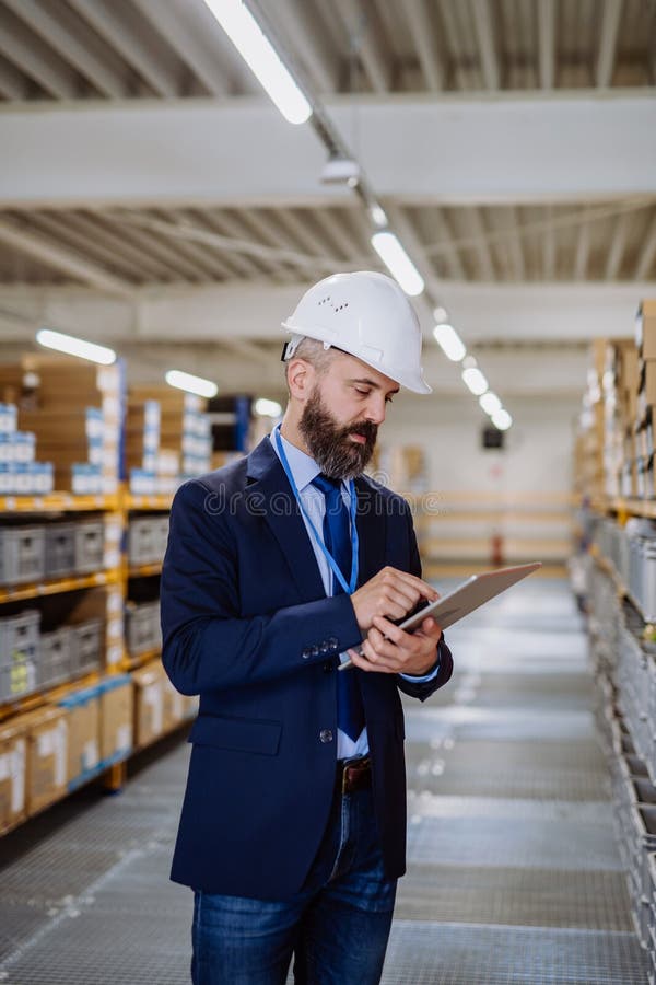 Manager in Suit Controlling Goods in a Waehouse. Stock Image - Image of ...