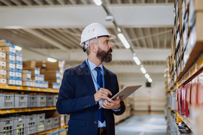 Manager in Suit Controlling Goods in a Waehouse. Stock Photo - Image of ...