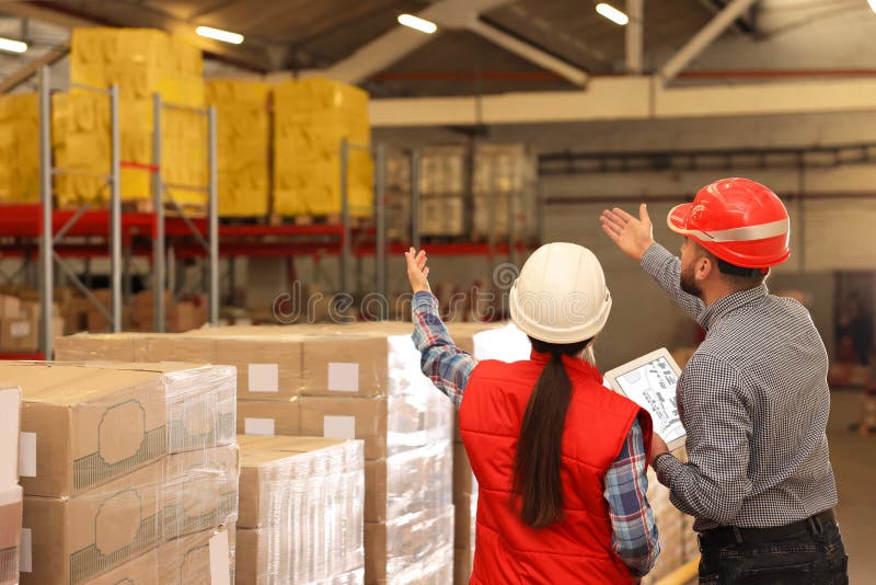 Manager and Supervisor at Warehouse, Back View. Logistics Center Stock ...
