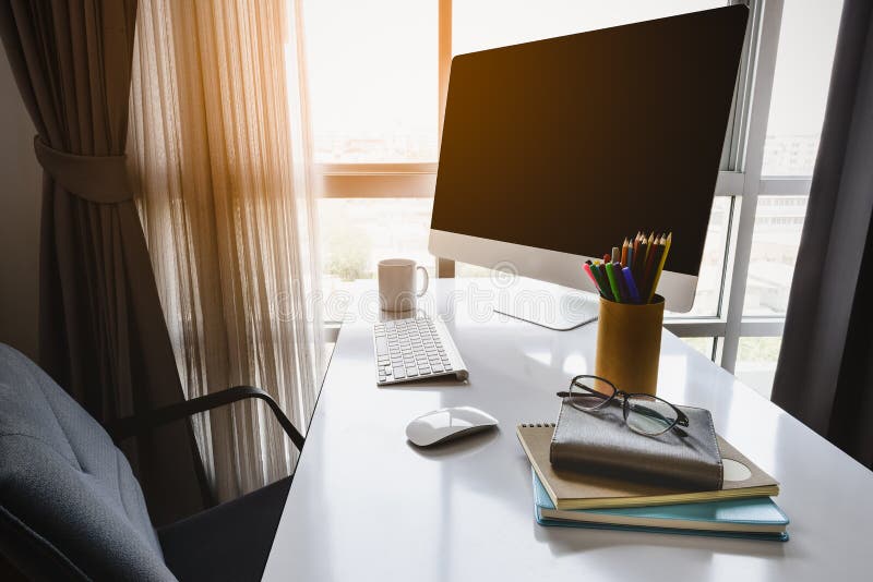 Manager Table with Desktop Computer and Business Notes Stock Photo ...
