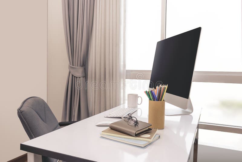 Manager Table with Desktop Computer and Business Notes Stock Photo ...