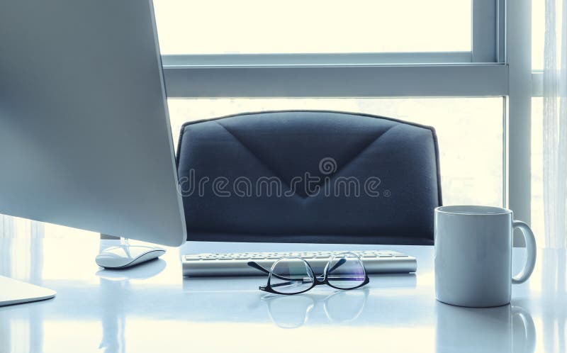 Manager Table with Desktop Computer and Eye Glasses Stock Photo - Image ...