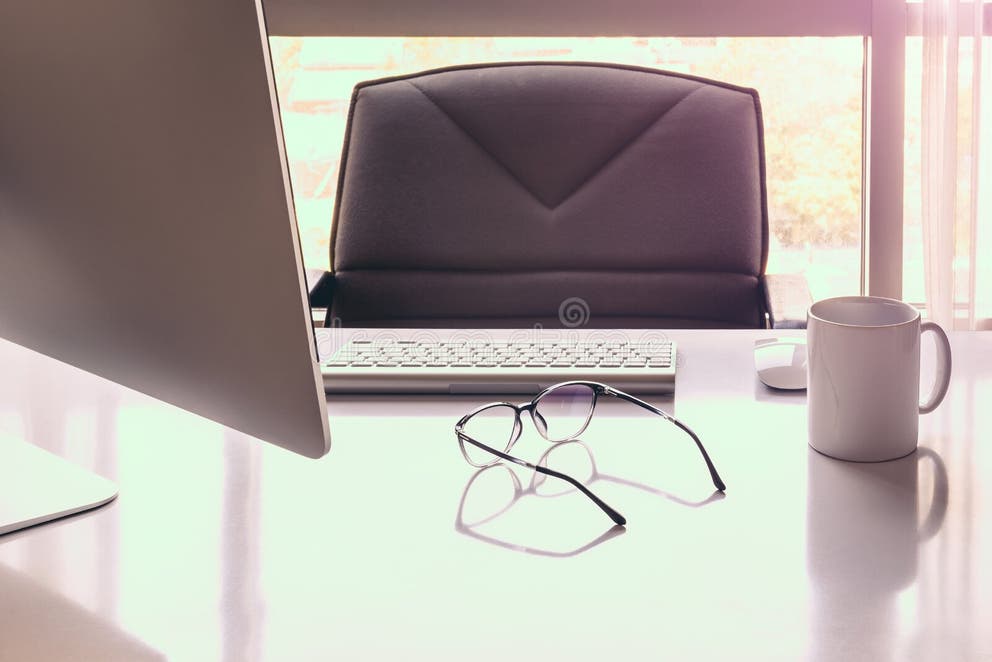 Manager Table with Desktop Computer and Eye Glasses Stock Image - Image ...