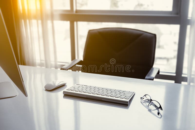 Manager Table with Desktop Computer and Eye Glasses Stock Image - Image ...