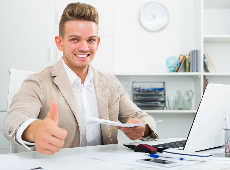 Manager with Thumbs Up Gesture Stock Image - Image of interior, desk ...