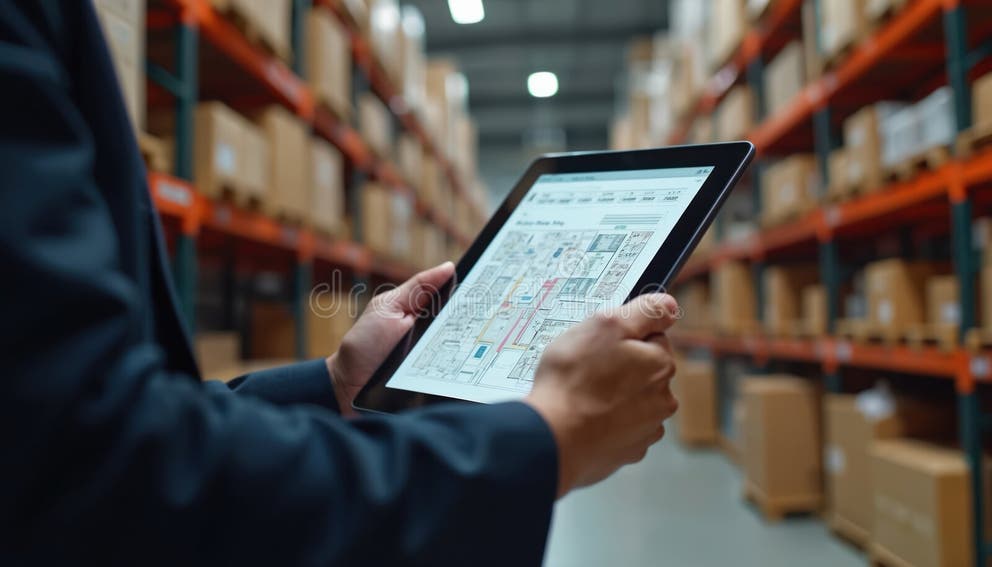 Manager Uses Digital Tablet in Warehouse for Inventory Management ...