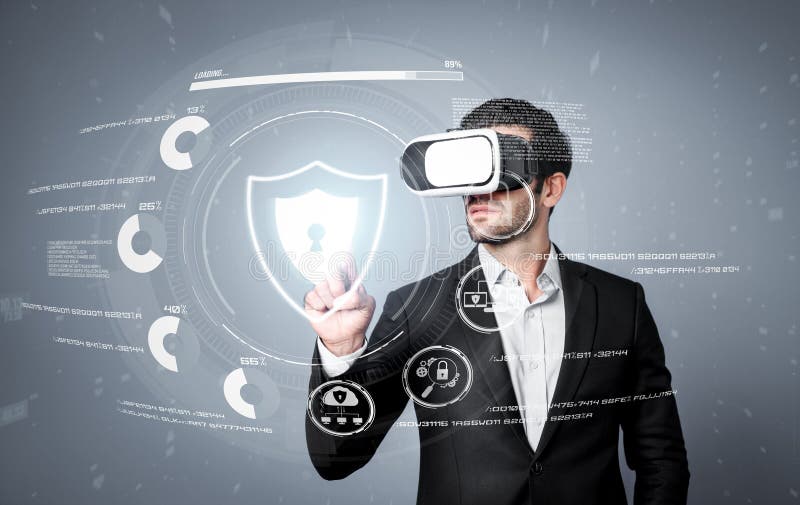 Manager Wearing VR Glasses while Look at Hologram of Security System ...