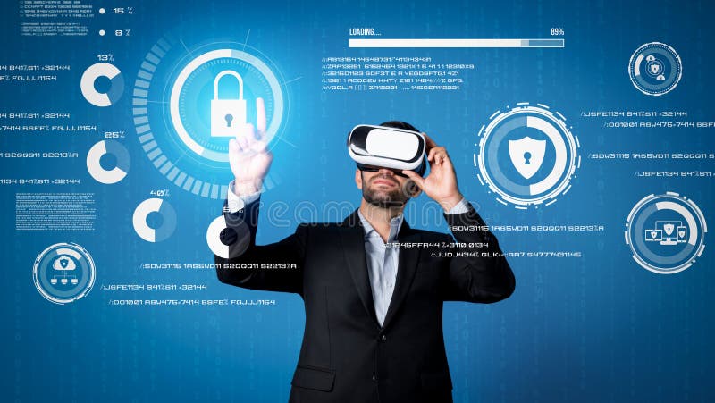 Manager Wearing VR Glasses while Look at Hologram of Security System ...