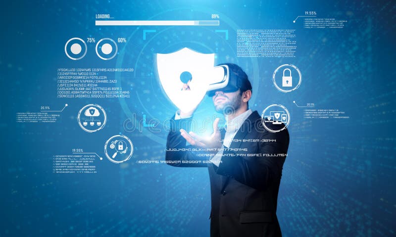 Manager Wearing VR Glasses while Look at Hologram of Security System ...