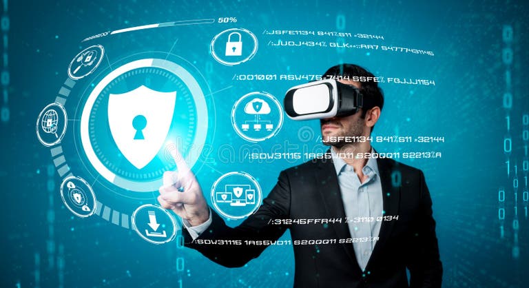 Manager Wearing VR Glasses while Look at Hologram of Security System ...