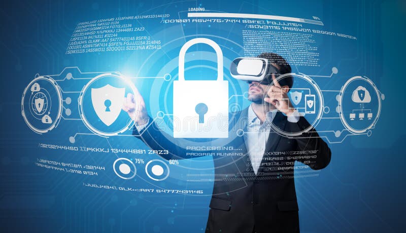 Manager Wearing VR Glasses while Look at Hologram of Security System ...