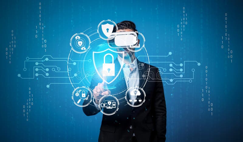 Manager Wearing VR Glasses while Look at Hologram of Security System ...