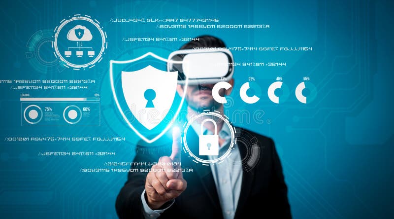 Manager Wearing VR Glasses while Look at Hologram of Security System ...