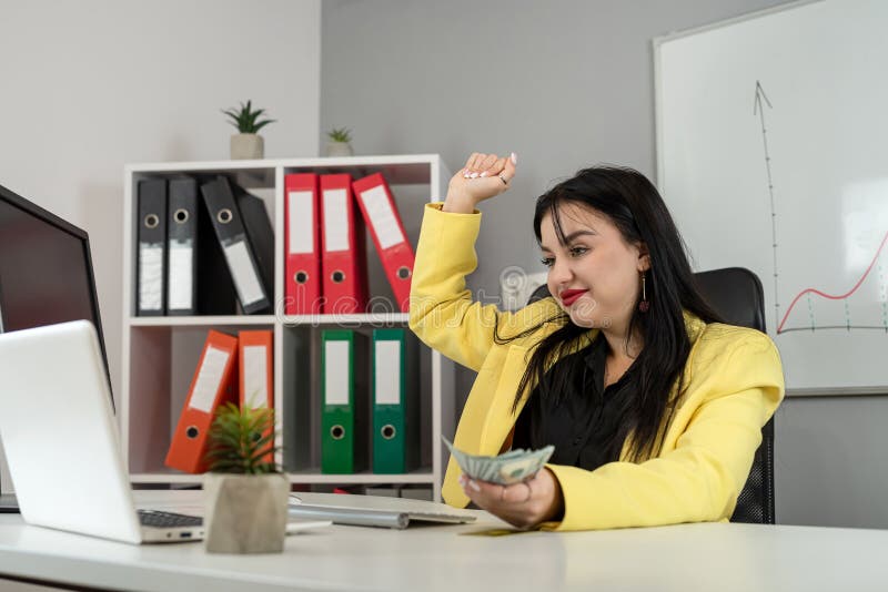Manager Woman Holding Dollar Sitting at Modern Office, Work with ...