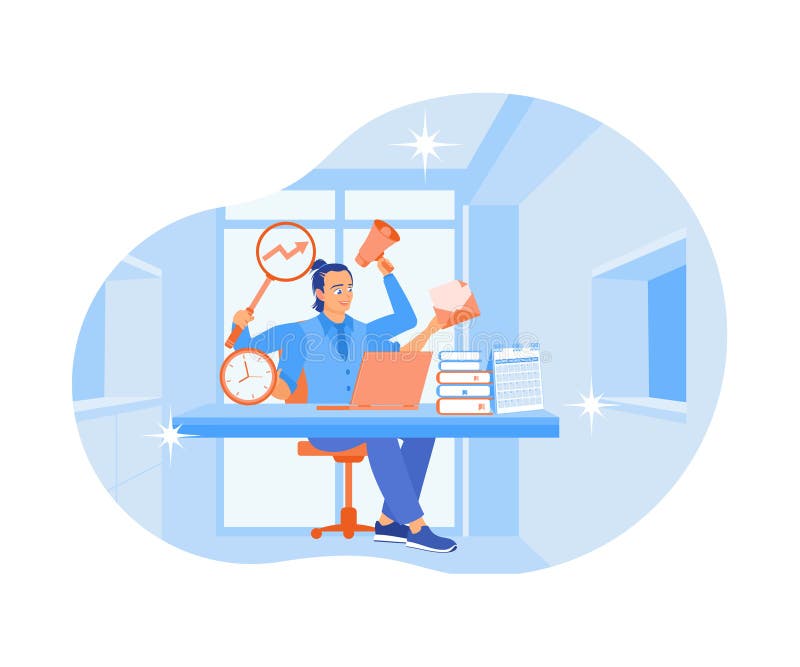 Manager Working in Front of the Laptop. Complete Multiple Jobs at the ...