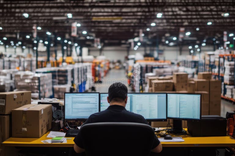 Manager Working with Multiple Computer Screens in Warehouse Stock ...