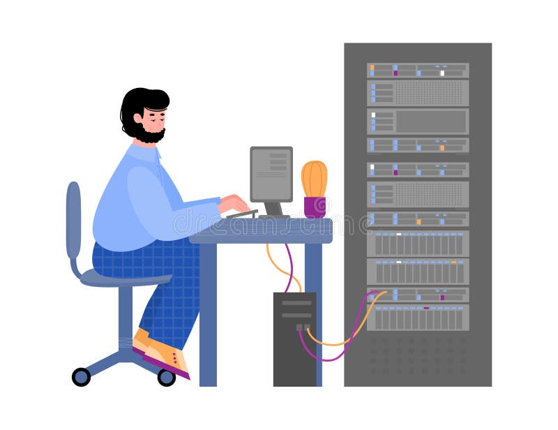 Data Server Rack Technician Holding Laptop Connected To Hardware System ...