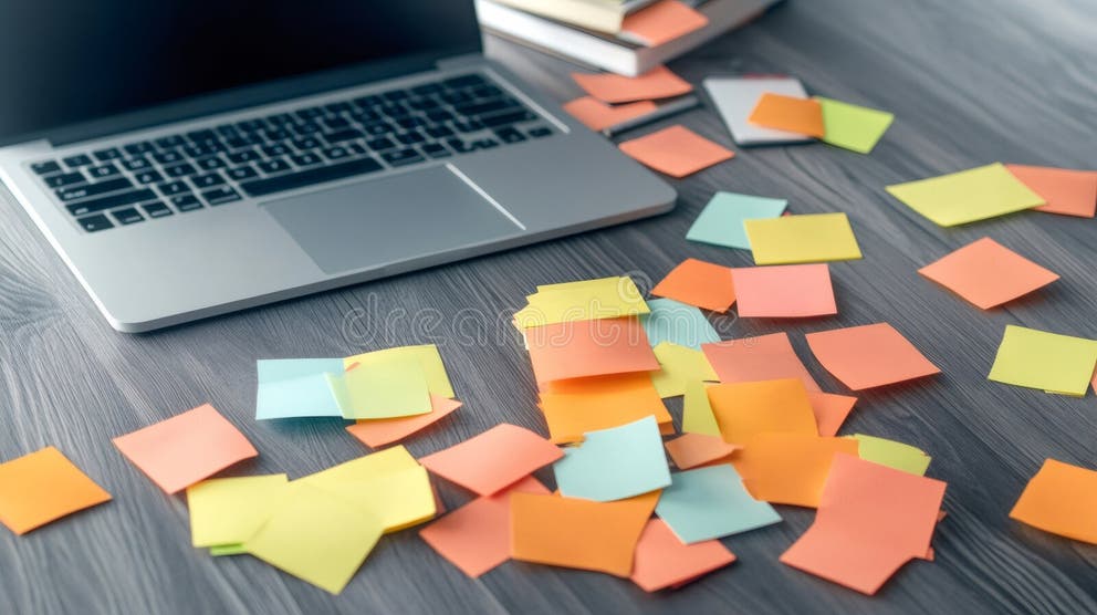 Managing Chaos with Colorful Sticky Notes and Technology Stock Photo ...