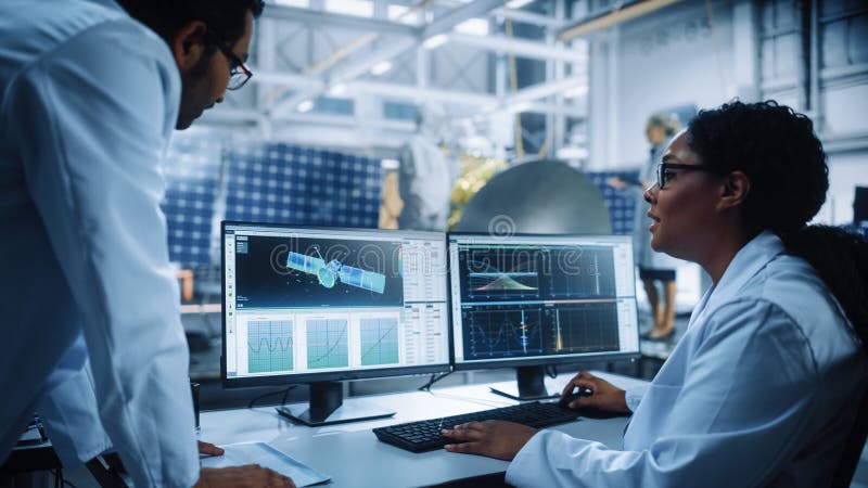 Managing Engineer and Chief Technician Working on Satellite ...