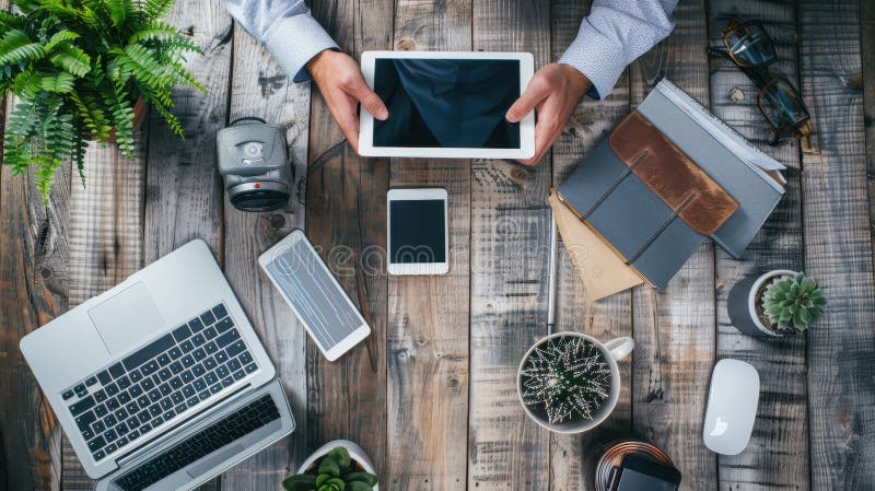 Managing Multiple Tasks with a Tablet and Workspace Setup Stock ...