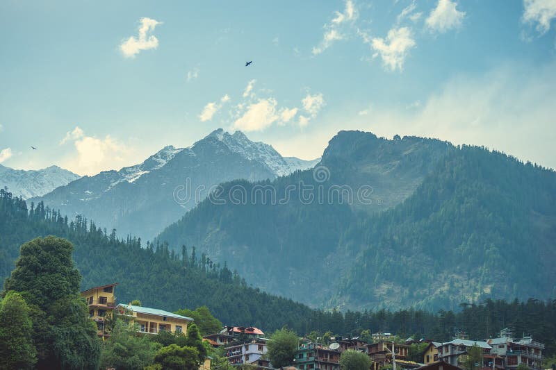 Manali City on Background Himalayan Mountans and Blue Sky with Clouds ...