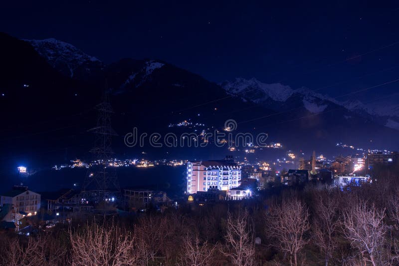 Manali town at night stock image. Image of coast, serenity - 214819385