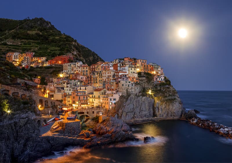 Manarola at Moon Night. Italy. Stock Image - Image of lliguriaitaly ...